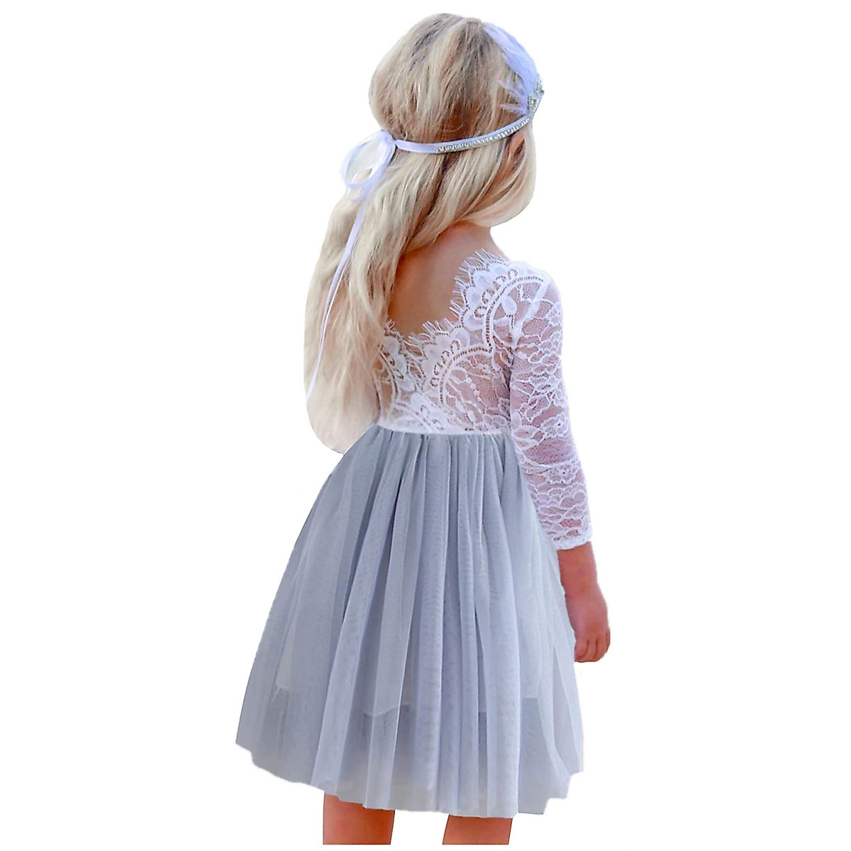 2Bunnies Girl Rose Lace Back A-Line Straight Tutu Tulle Party Flower Girl Dresses (Dusty Blue Sleeve Knee, 12Months)