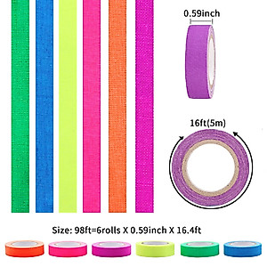 JSITON 6 Colors Neon Gaffer Cloth Tape,Adhesive Black Light Tape Sets,Fluorescent UV Blacklight Glow in The Dark Tape for UV Party (0.6 inch x 16.5 feet x 6 Rolls)