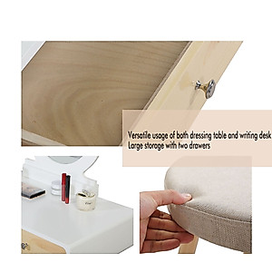 JAXPETY Classic 2-Drawers Girls Vanity Table Set with Mirror and Cushioned Stool, French Countryside Style Dsign Makeup Dressing Table Bedroom Organizer for Girls Women, White