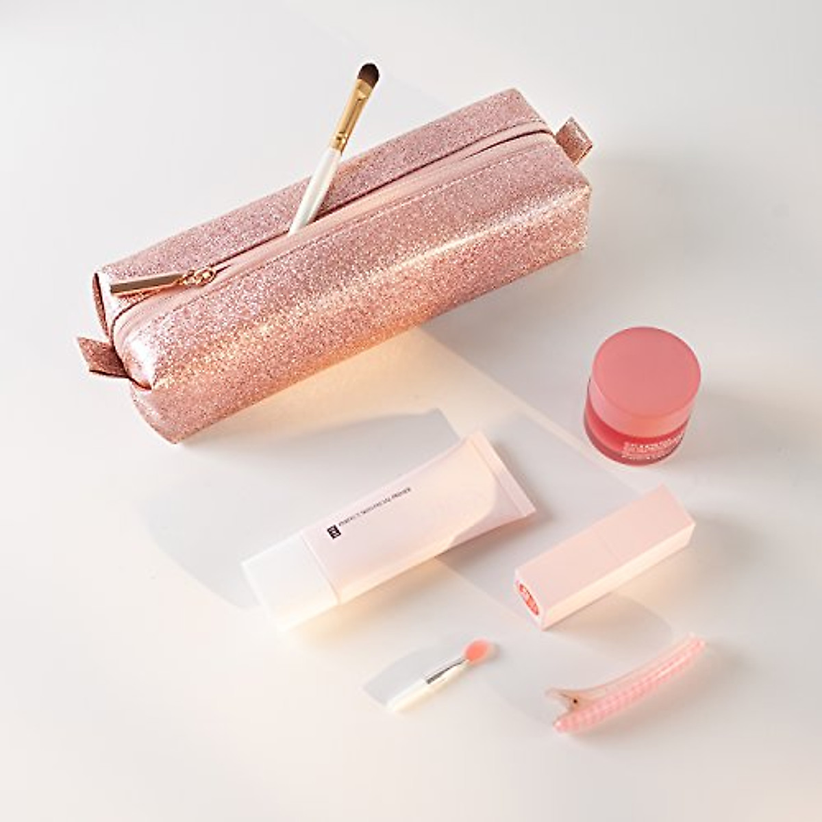 Comfyable Small Cosmetic Bag for Rectangular Makeup Bag Waterproof Glitter Cute Toiletry Pouch Rose Gold Sparkly Shiny Pink