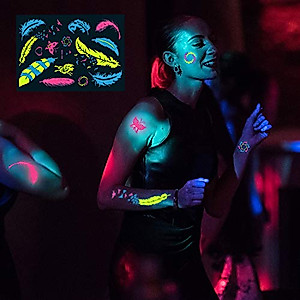 HOWAF 7 Large Sheets Neon Temporary Tattoos, 100+ Shimmer Designs Glow UV Neon Body Face Skin Tattoo Jewellery Tattoos Flash Fake Waterproof Tattoo Stickers for Women Girls Body Art