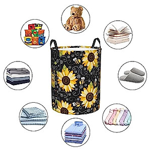 Sunflower Bees Printed Round Laundry Hamper,Collapsible Clothes Hamper Storage With Handle,Canvas Fabric Waterproof Storage Bin