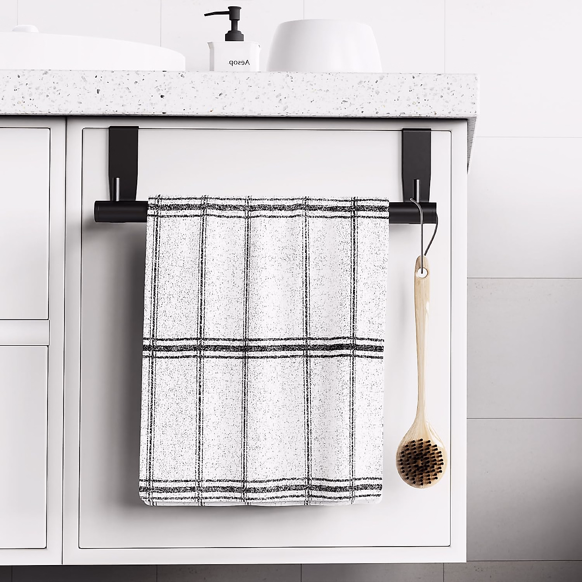 VEHHE Kitchen Towel Holder-2pcs, 9-Inches, Dish Towel Holder with 2 Hooks, Over Cabinet Towel Bar with EVA Foam Pads, Over The Door Towel Holder for Kitchen and Bathroom (Black)