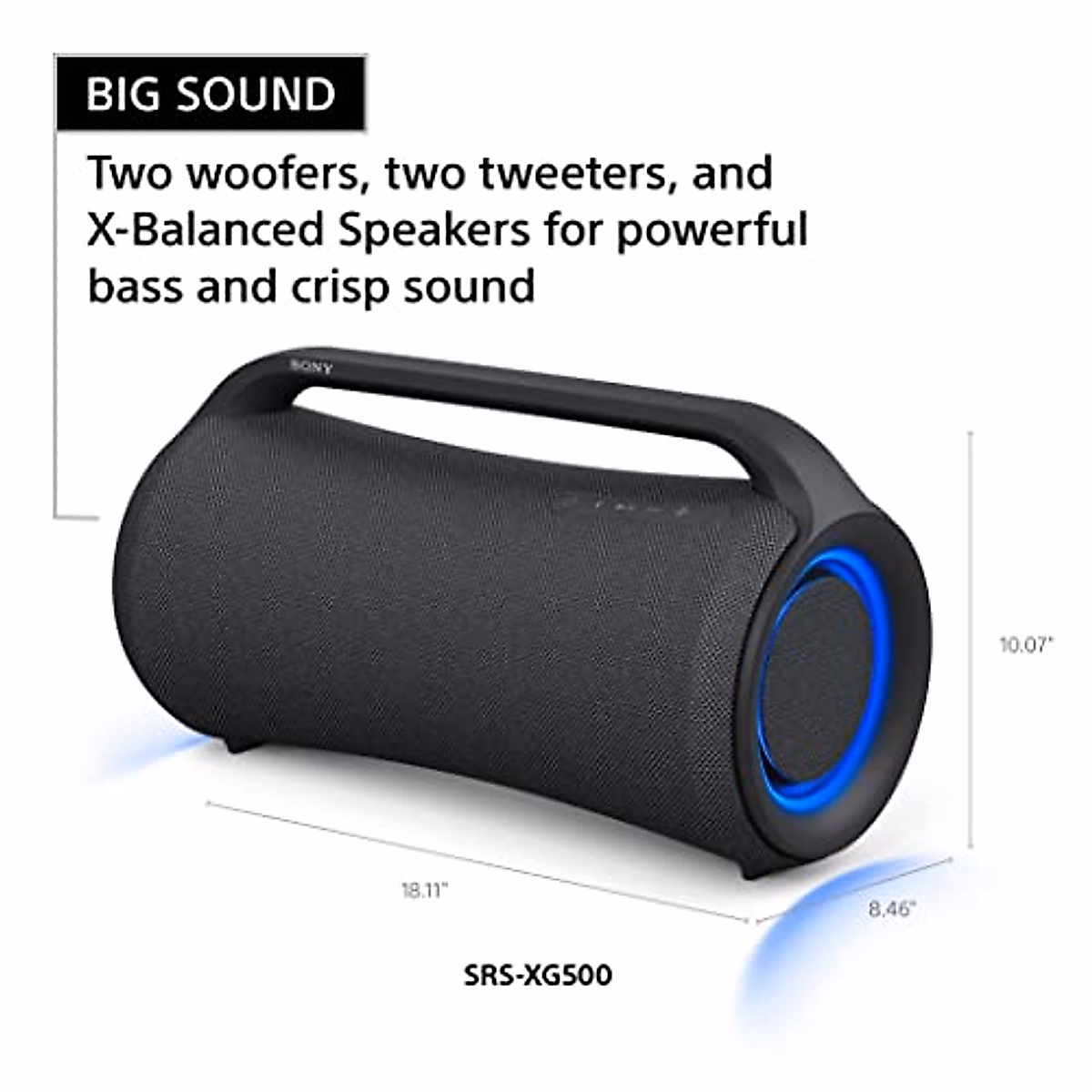 Sony SRS-XG500 X-Series Wireless Portable Bluetooth Boombox Party-Speaker with Big Powerful Sound, IP66 Water-resistant and Dustproof, 30 Hour-Battery, LED Ring Lighting, Speaker for Home and Outdoor