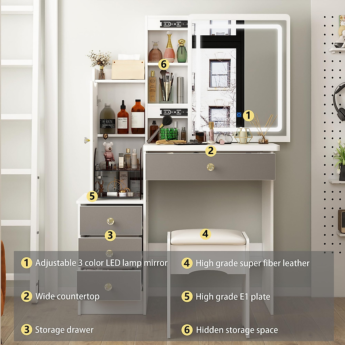 Homsee Vanity Desk Set Makeup Table with Large Sliding Lighted Mirror, Dressing Table with 4 Drawers, Hidden Storage Shelves & Cushioned Stool for Bedroom, White
