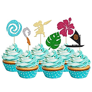 24Pcs Mo Inspired Birthday Cupcake Toppers Glitter Palm Leaf Flower Moana Cupcake Picks Hawaiian Birthday Party Decoration for Tropical Luau Summer Party Baby Shower Wedding