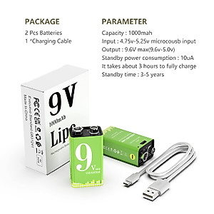 9V Rechargeable Battery Pack,2-Pack 1000mAh Li-ion USB Battery with Micro USB Port for Alarms Fire, Multimeters,Wireless Microphones,Smoke Detectors,Toys,Flashlights,Guitar,Keyboard,Metal detectors