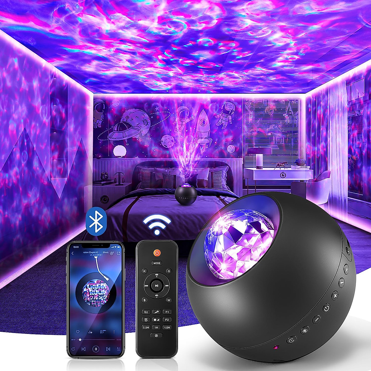One Fire Galaxy Projector for Bedroom, White Noise Galaxy Light, Remote Timer Star Projector, Bluetooth Music Night Light Projector for Kids Teen Adult Bedroom Decor