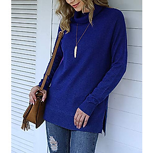 HWOKEFEIYU Womens Turtleneck Sweaters Long Sleeve Side Split Pullover Loose Knit Jumper(Royal Blue,X-Large)
