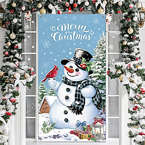 Christmas Snowman Door Cover Merry Christmas Door Decorations Winter Snowman Backdrop Background Banner for Front Door Porch Xmas Party Decor Supplies (Blue)