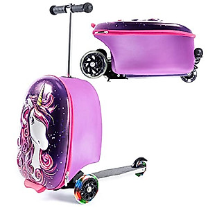 KIDDIETOTES 3-D Hardshell Ride On Suitcase Scooter for Kids - Cute Lightweight Kids Luggage with Wheels - Fun LED Lights