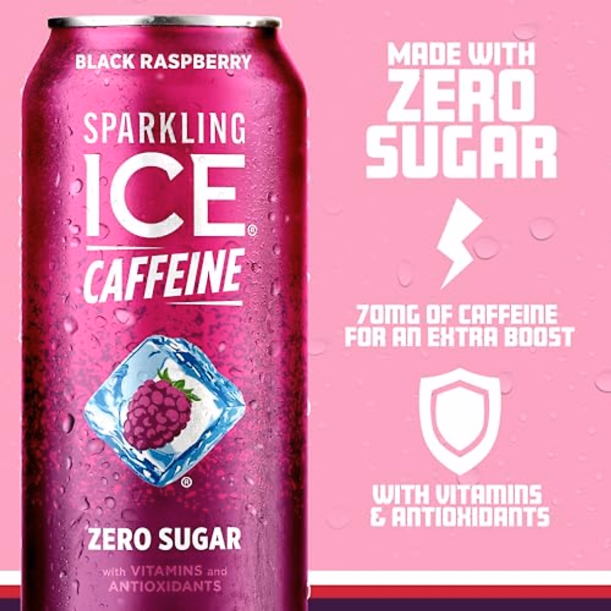 Sparkling Ice Caffeine Black Raspberry Sparkling Water with Caffeine, Zero Sugar, with Antioxidants and Vitamins,16 fl oz Cans (Pack Of 12)