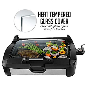 Ovente 2-in-1 Electric Grill and Griddle with Removable Tempered Glass Cover, 1700W Fast Heating Ceramic Non-Stick Plate Perfect for Indoor BBQ Cooking Breakfast, Pancake, Bacon and Egg, Black GR2001B