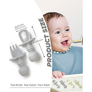 4 Pcs Baby Spoons Self Feeding 6 Months, Silicone Baby Spoons First Stage and Baby Fork, Toddler Utensils for Baby Led Weaning with 2 Cases (Green, Grey)