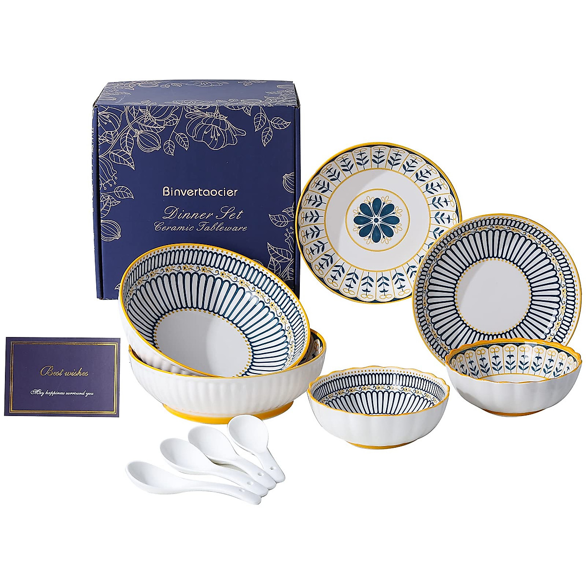 Binvertaocier Ceramic 10-Piece 56 Oz Large Soup Bowls and Spoons Set, 9 Inch Large Serving for Kitchen Pasta, Ramen, Pho Bowls and Soup Spoons Set,Dishwasher & Microwave Safe