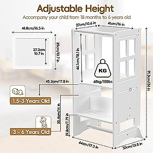 4 in 1 Toddler Kitchen Step Stool, Kitchen Toddler Tower Helper with Whiteboard and Safety Rail, Anti-Slip Protection, Adjustable-Height Kids Learning Standing Tower for Kitchen Counter Bathroom Sink