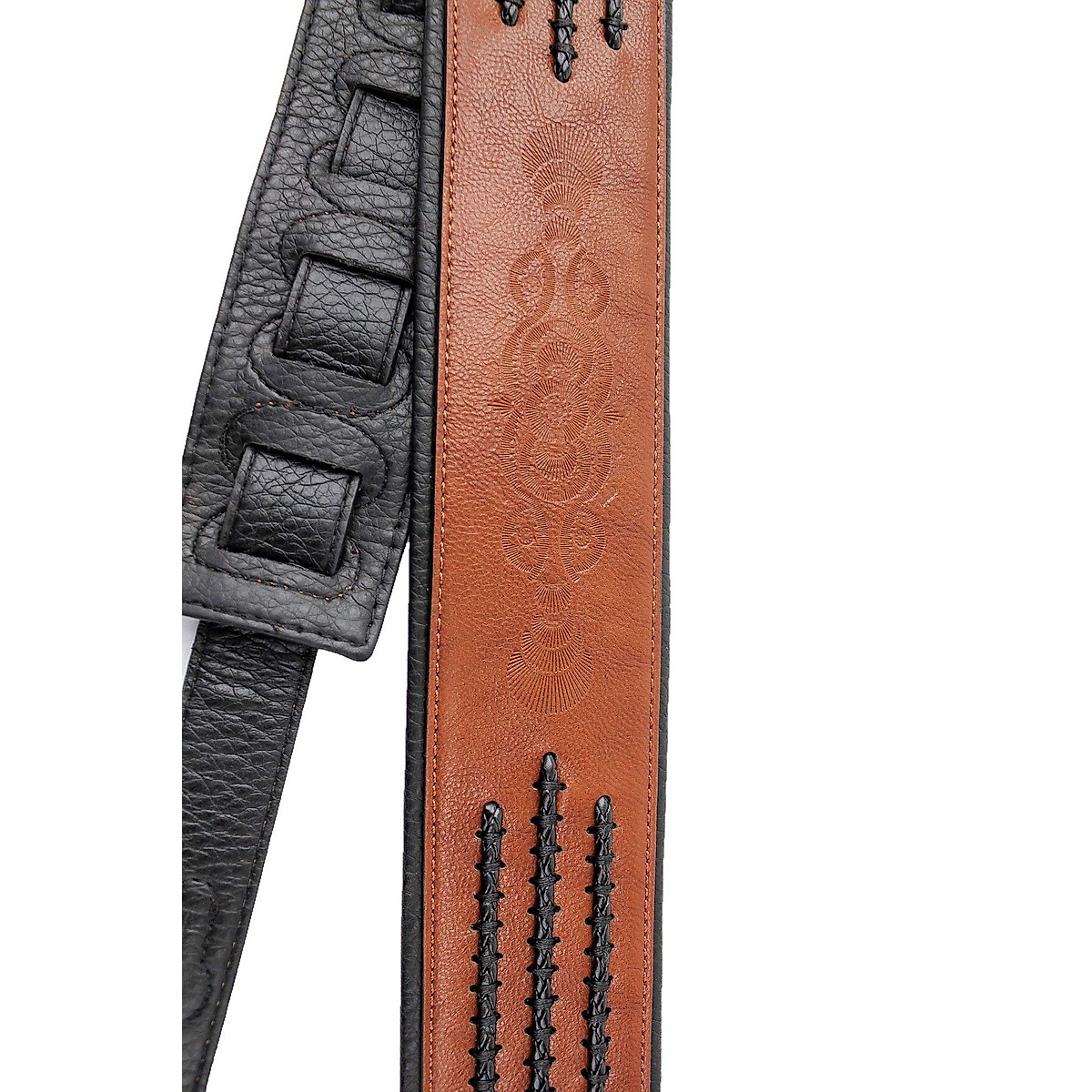 Walker & Williams G-556 London Tan Tooled Leather Strap with Leather Lacing For Acoustic, Electric, And Bass Guitars
