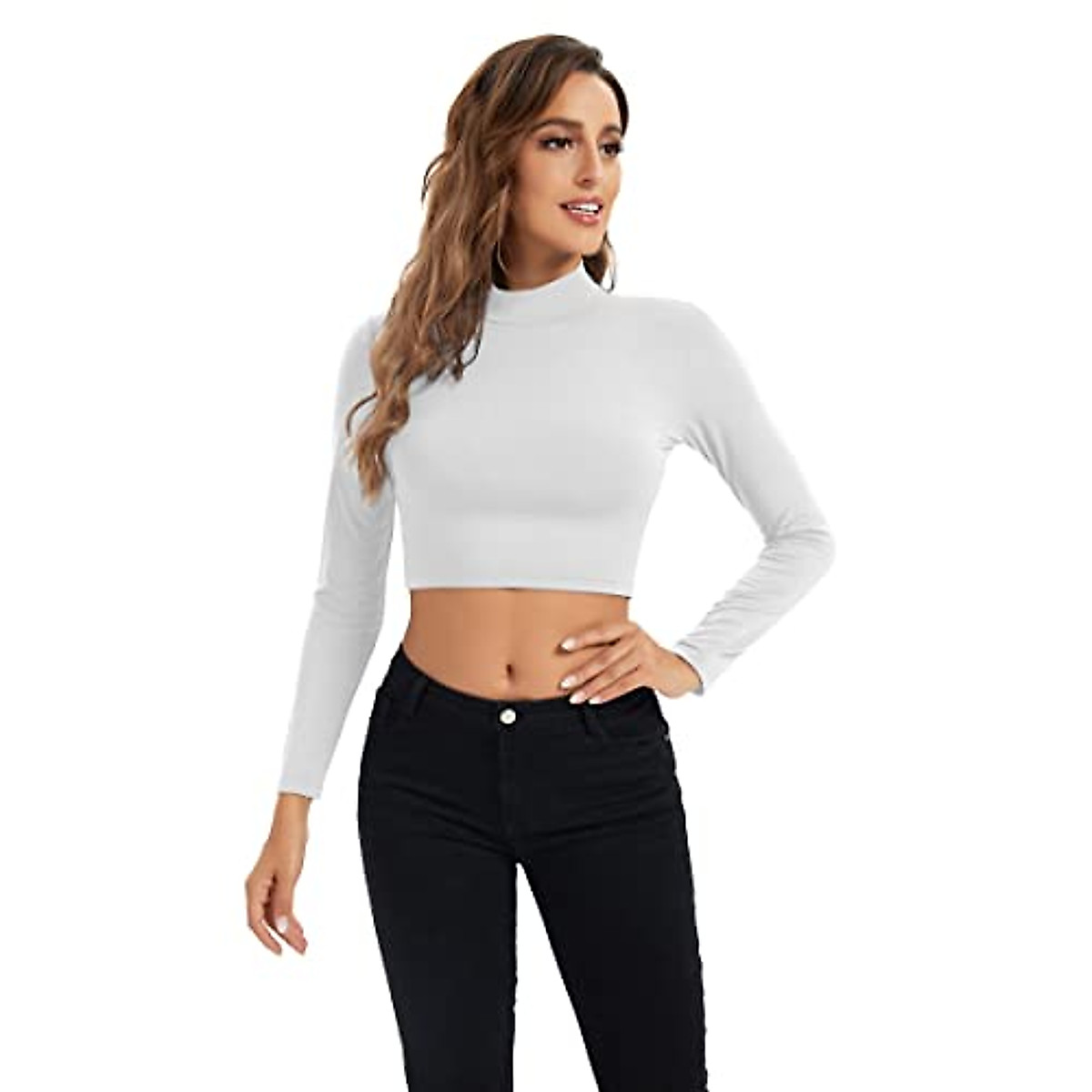 HoneyEcho Cropped Long Sleeve Tops for Women Turtleneck Long Sleeve Undershirts for Women Half Tees for Workout White X-Large