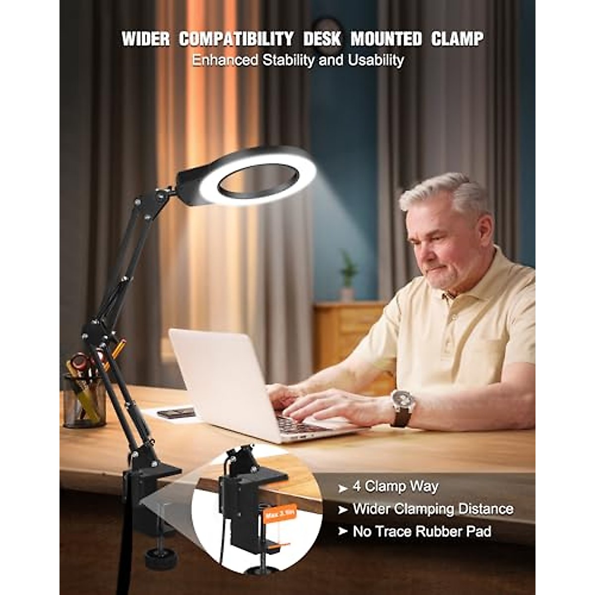 10X Magnifying Glass Light Stand Desktop Lamp Desk Table Close Work Up for Crafting, Model Assembly, Reading, Sewing, Jewelry Making ,Easy Adjustable Head Controller, Wide Compatibility Clamp