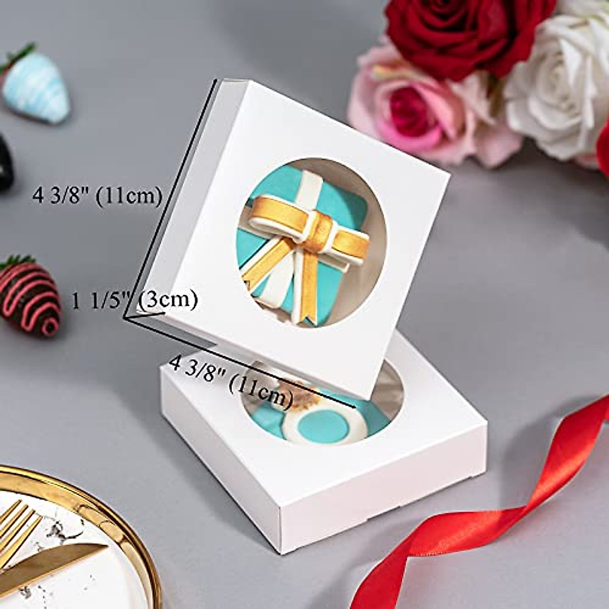 RomanticBaking 100 Pack individul Pyo Valentine Cookies Boxes With Window 4 3/8" x 4 3/8" x 1 1/5" Small Gift Boxes Mini Dount Boxes Pie Boxes