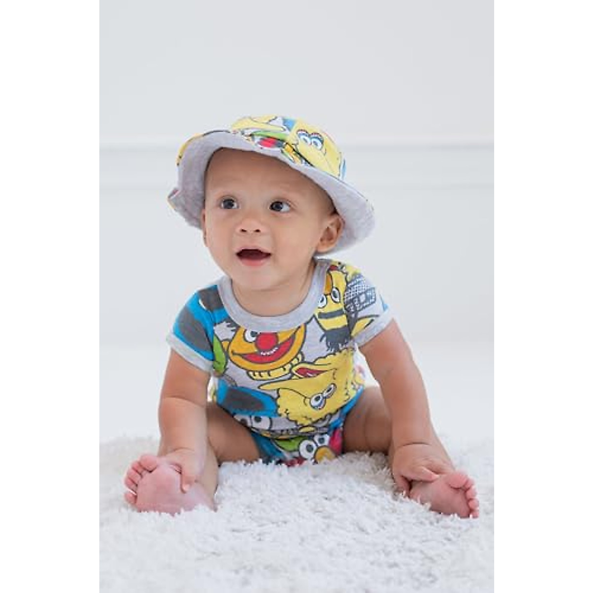 Sesame Street Bert and Ernie Oscar the Grouch Big Bird Infant Baby Boys Romper and Hat Gray 12 Months