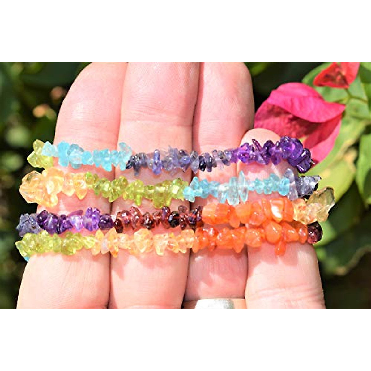 Zenergy Gems Selenite Charged Natural Gemstone Combo Crystal Bracelets + Baby Selenite Pocket Puffy Heart Charger Included (7 Chakra Chip Bracelet - 1 pack)