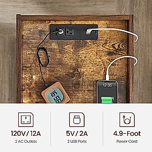 VASAGLE Nightstand with Charging Station, Bed Side Table with USB Ports and Outlets, Drawer, Storage Shelves, Plug-in Series, Rustic Brown, 40 cm x 40 cm x 64 cm