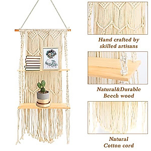 Macrame Wall Hanging Shelf, 2 Tier Boho Hanging Shelves for Wall, Floating Wood Shelves with Handmade Woven Rope for Small Plants, Books Photos, Bohemian Decor for Living Room, Bedroom, Bathroom