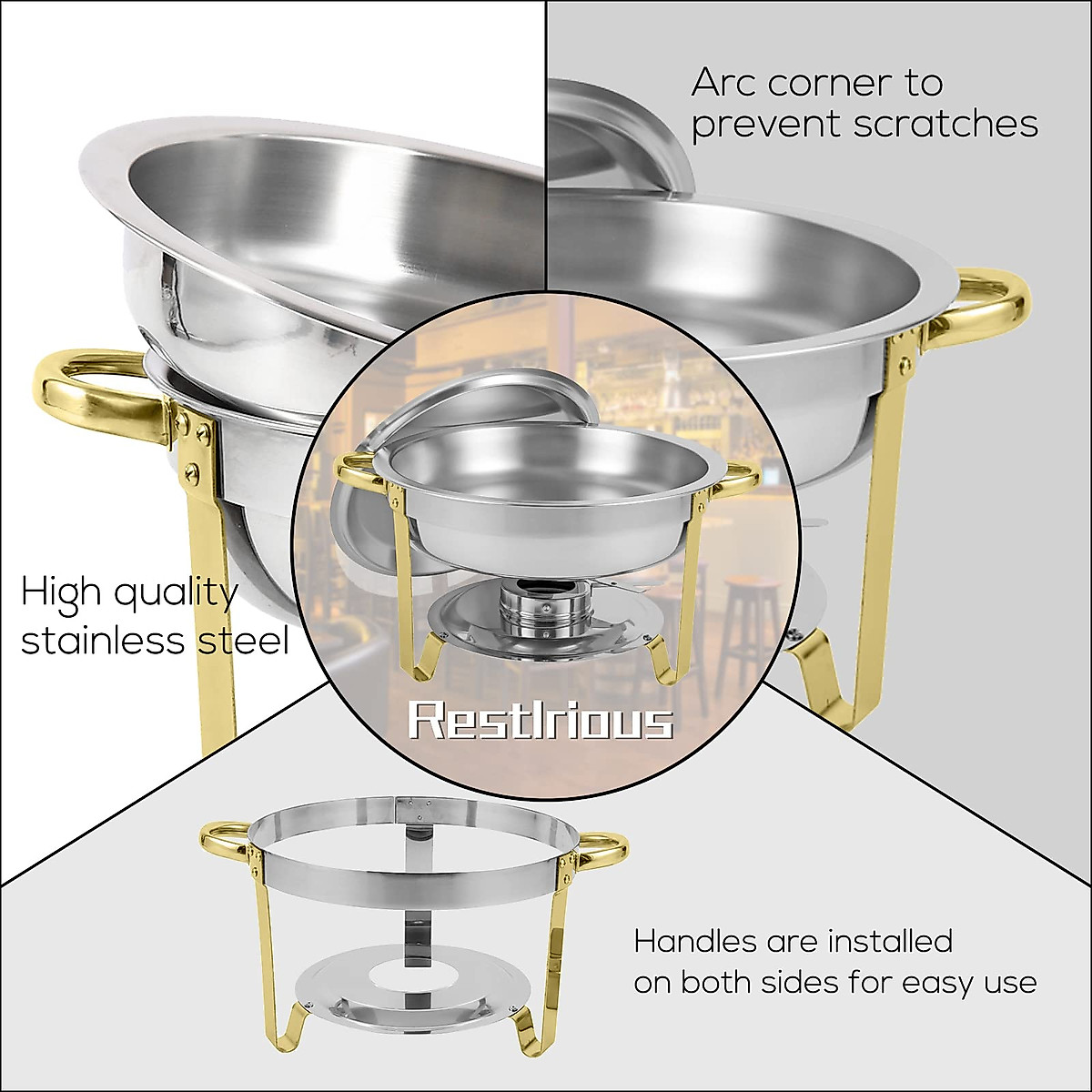 Restlrious Chafing Dish Buffet Set Round Stainless Steel 5QT Chafers and Buffet Warmers Sets for Catering, Complete Chafing Set with Water Pan, Food Pan, Fuel Holder and Lid in Gold Accents, 1 Pack