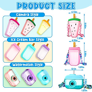 9 Pieces Cute Water Bottles with Straw Camera Ice Cream Bar Watermelon Shaped Adjustable Strap Plastic Water Bottle Leakproof Kawaii Water Bottle Plastic Fruit Water Cups for Kids School Girls Travel