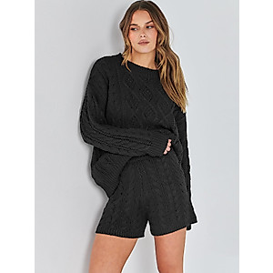 ANRABESS Women 2 Piece Outfits Sweater Lounge Loungewear Sets Fall Cable Knit Oversized Sweaters Short Pants Matching Sets Black Small