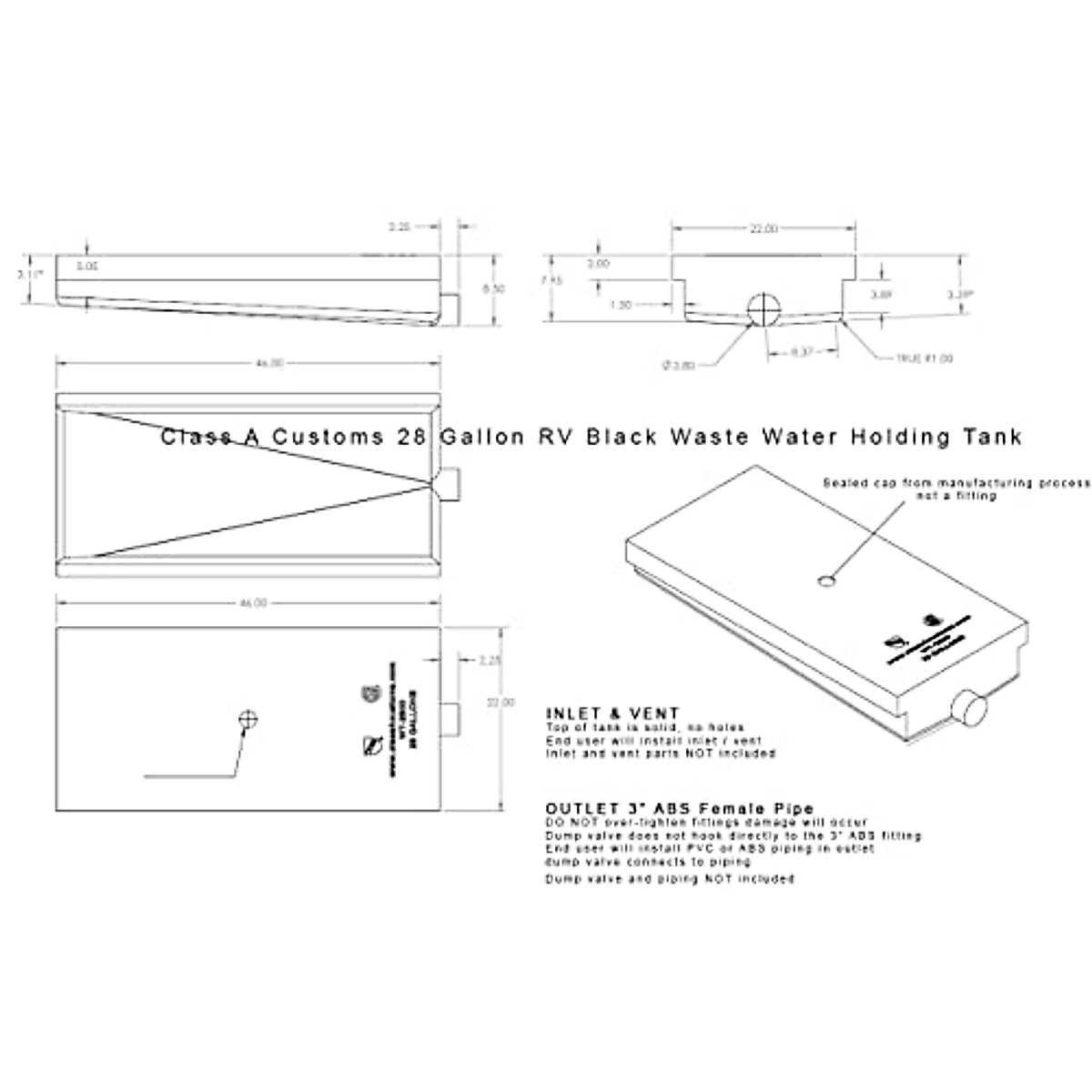 Class A Customs 28 Gallon RV Waste Black Water Holding Tank WT-2800