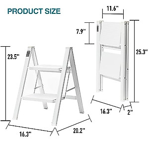 BOCOM 2 Step Ladder, Lightweight Portable Foldable Collapsible Folding Sturdy Steel Metal Step Stool with Anti-Slip Wide Pedal, Heavy Duty 330 lbs Capacity, for Home, Kitchen, Closet, Adults, White