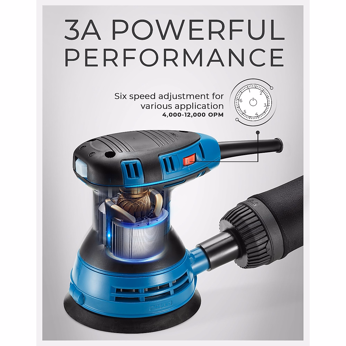 Dong Cheng 5” Random Orbital Sander, 3.0 Amp 12000OPM, 6 Variable Speed Electric Sander Kit with 10pcs Sandpapers & detachable Dust Collector, for Woodworking/Sanding/Polishing