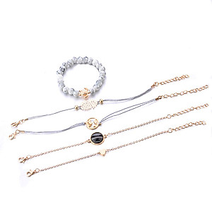 VONRU Beaded Bracelets for Women - Adjustable Charm Pendent Stack Bracelets For Women Friendship Gift Rose Quartz Bracelet Links with Pearl Gold Plated 5pcs/Set