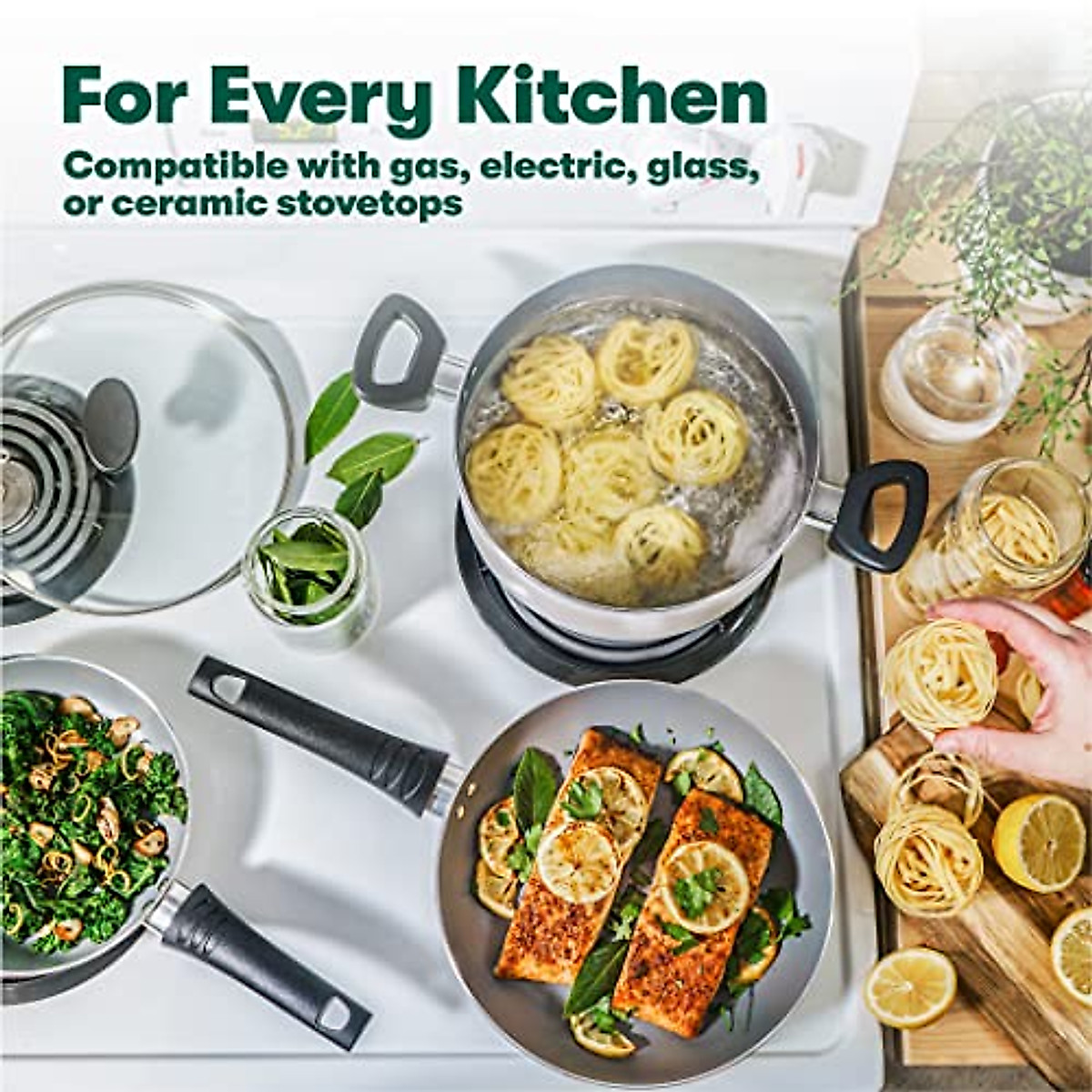 BELLA Cookware Set, 12 Piece Pots and Pans with Utensils, Nonstick Scratch Resistant Cooking Surface Compatible with All Stoves, Nylon and Aluminum, Cream