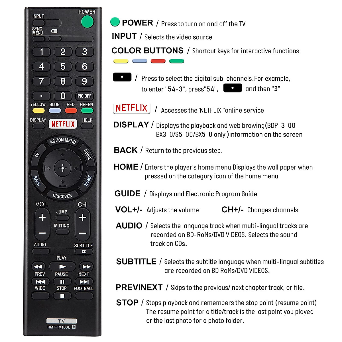 Universal for Sony TV Remote Control Replacement Compatible with Sony Bravia Smart LCD LED HD TVs RMT-TX100U