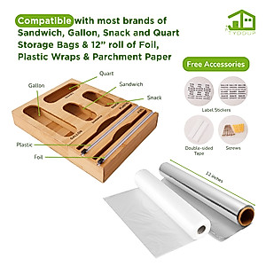 TYDDUP - 6 in 1 Ziplock Bag Organizer with Alum. Foil/Plastic Wrap Dispenser with Cutter & Labels for Kitchen Drawer |Bamboo Kitchen Organization |Compatible Gallons,Quarts,Snack,and Sandwich Bags.