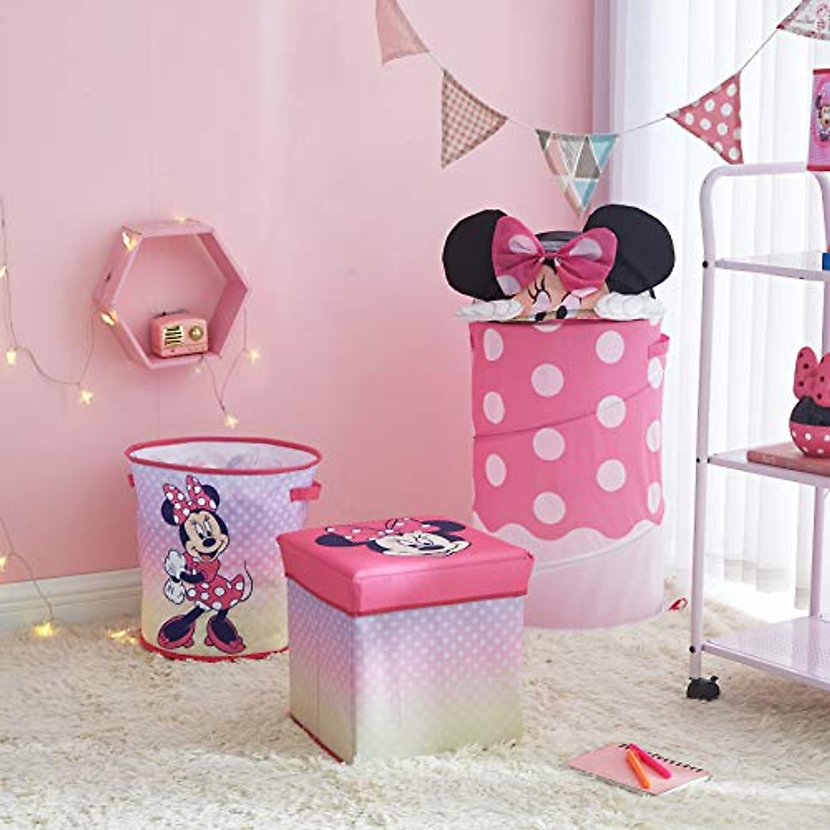 Idea Nuova Disney Minnie Mouse 3 Piece Collapsible Storage Set with Collapsible Ottoman, Bin and Figural Dome Pop Up Hamper, Pink
