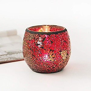 Two-piece Orange Red Mosaic Glass Tea Light Candle Holder Ball and Wind Lantern Shape Votive Candleholder Romantic Handmade Gifts Christmas Candlestick Holders Home Decor Wedding Party Table Decor