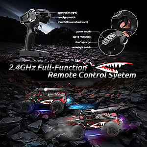 DEERC 1:14 Fast RC Cars with Colorful Led Lights,40KM/H High Speed Shark Remote Control Car,4X4 All Terrains RC Monster Truck,Waterproof Off-Road with 2 Batteries level indicator for Adults Boys