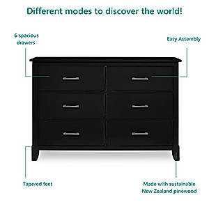 Dream On Me Universal Double Dresser In Black, Kids Bedroom Dresser, Six Drawers Dresser, Mid-Century Modern, Made Of Solid, Sustainable Pinewood, Easy Assembly