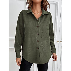 Floerns Women's Casual Long Sleeve Button Down Corduroy Shirt Blouse Top Army Green