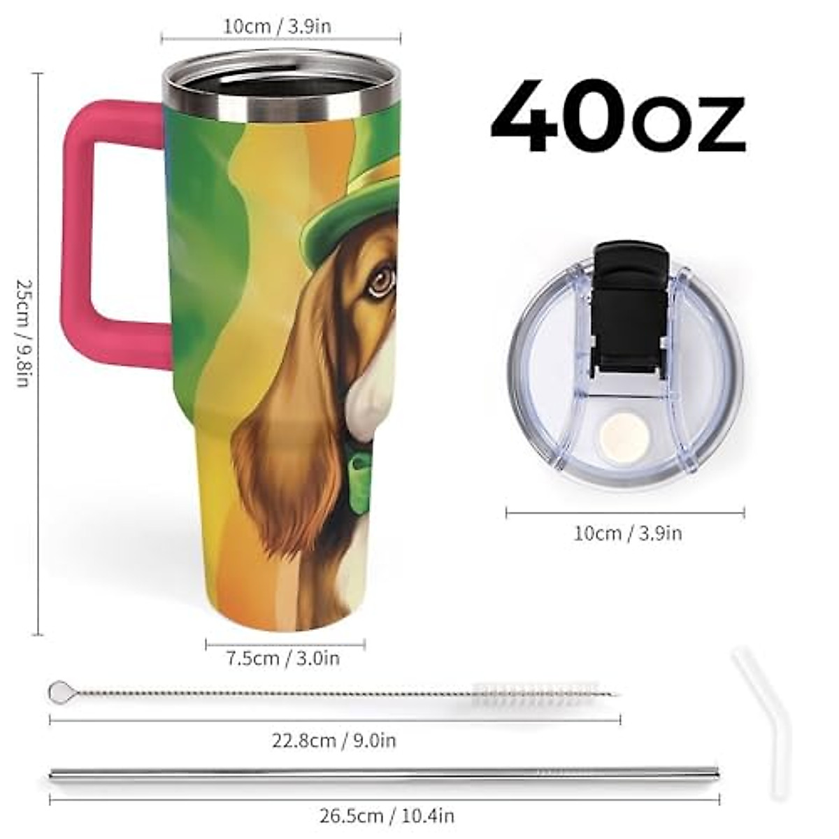 Basset Hound St Patrick's Day 40 Oz Stainless Steel Cup Travel Tumbler with Handle and Straw Lightweight Coffee Mug for Home Office