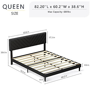 MTSVMP Queen Size Upholstered Platform Bed Frame with High-Adjustable Headboard and Solid Wood Slats Support, Non-Slip and Noise-Free,No Box Spring Needed, Easy Assembly (Queen)