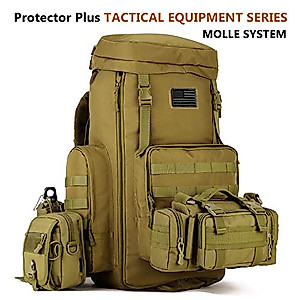 Protector Plus Tactical Hiking Daypack 70-85L Military MOLLE Assault Backpack Army Traveling Camping Pack Bug Out Bag Outdoor Rucksack (Rain Cover & Patch Included),Brown