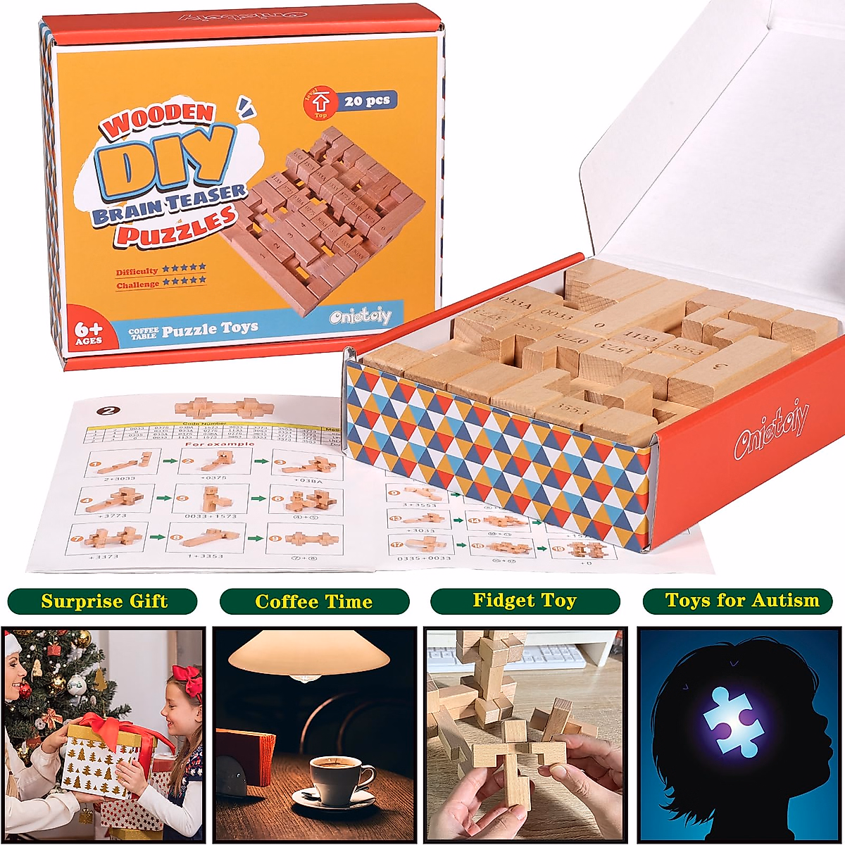 Onietoiy Difficult 20pcs DIY Wooden Brain Teaser Puzzle Toy 9 Types Assembly Building Blcok Games 94 Methods Challenge IQ Lock Toys 3D Brainteaser Educational Puzzles Unique Gift for Kids and Adults