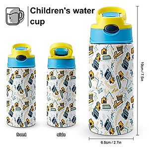 Construction Vehicles Pattern Water Bottle Stainless Steel Water Cup Coffee Mug with Straw for Home Sports Travel Blue-Style