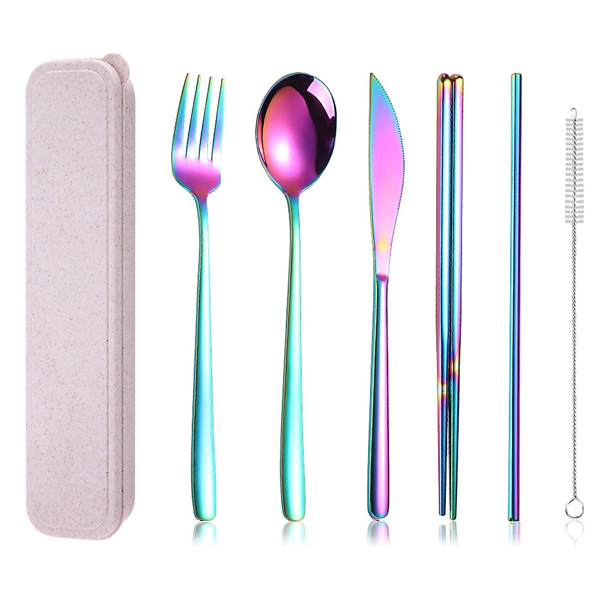 AARAINBOW 6 Pieces 18/8 Stainless Steel Flatware Set Portable Reusable Cutlery Set Travel Utensils Set Including Chopsticks Knife Fork Spoon Straws Cleaning Brush Dishwasher Safe (Multicolored)