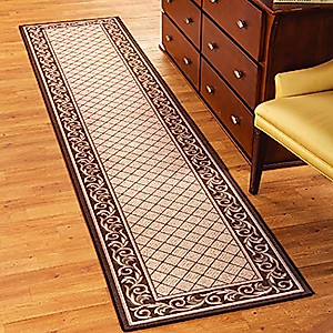Collections Etc Floral Scroll Basket Weave Rug with Skid-Resistant Backing, Chestnut, 26" X 120"